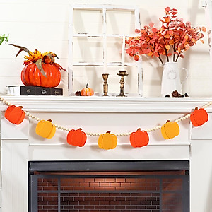 Fall Decor-Fall Decorations for Home-Felt Pumpkins Wood Bead Garland for Fall Decor- Halloween Thanksgiving Farmhouse Felt Pumpkins Banner for Fireplace Mantel Walls
