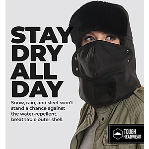 Tough Headwear Winter Trapper Hat with Mask - Russian Ushanka Trooper Aviator Hats for Men & Women -Snow Eskimo Hat with Ear Flaps for Cold - Full Black