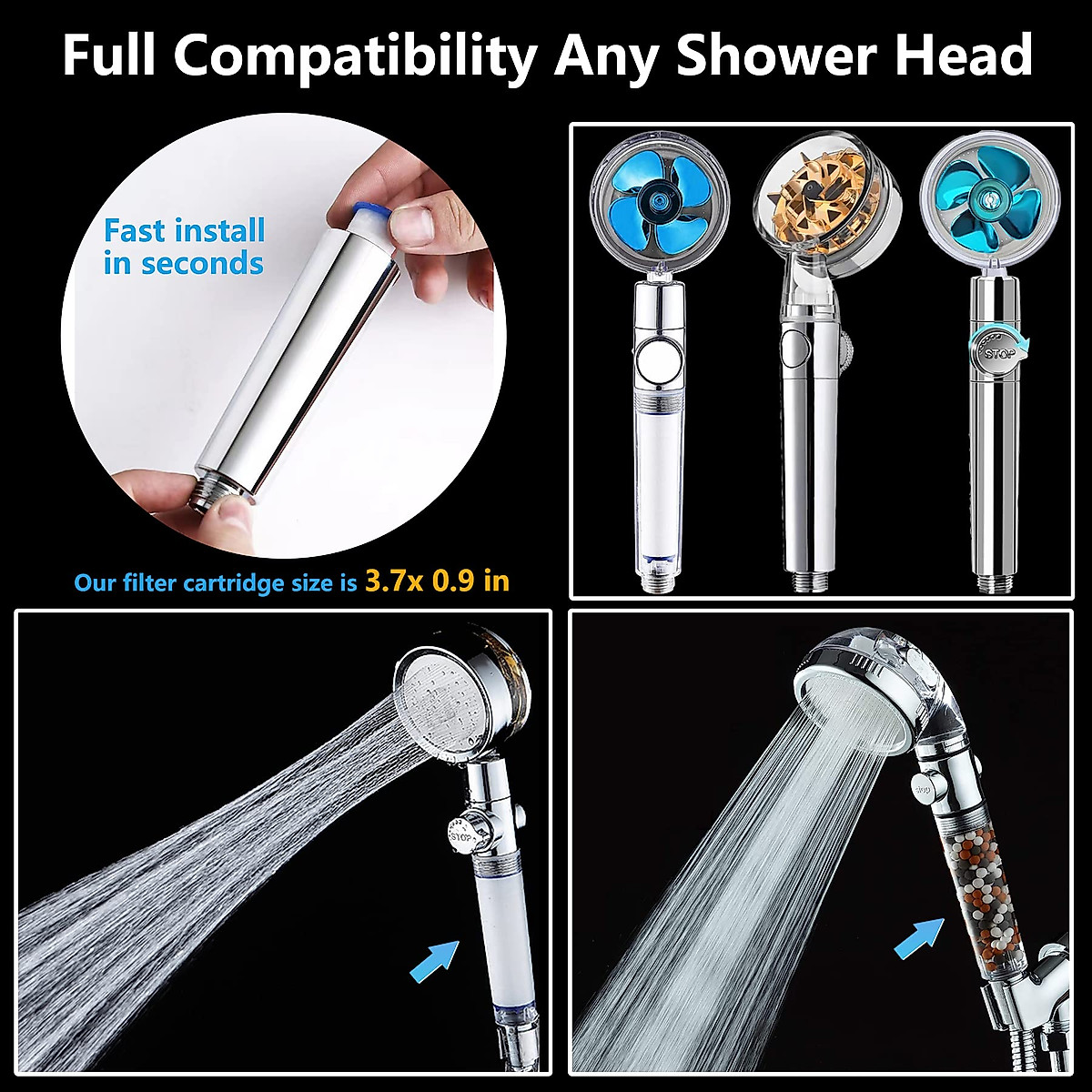 Turbo Shower Head Filter with Minerals, Hydro Shower Head High Pressure Handheld Vortex Turbo Fan Showerhead Filter for Hard Water, Reduces Dry Itchy Skin, 3.7in Set of 6 Replacement PP-Cotton Filter