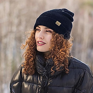 Hysnan Mens Beanie Merino Wool Warm Hats for Women Men Knit Slouchy Double Layer Warm Cuffed Skull Beanie Skiing Skating Black