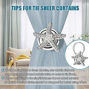 KOLAKO Curtain Tiebacks, Magnetic Curtain Holdbacks Silver Crystal Drapery Magnet Pearl Decorative Modern Curtain Buckle Starfish Metal Curtain Holders No Drill, Ties Backs for Curtains 4 Pack