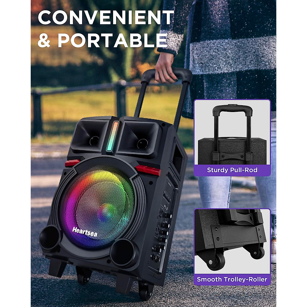 HEARTSEA Karaoke Machine with 2 Wireless Microphones for Kids, Portable Bluetooth Singing Speaker Adults with Disco Ball + Lyrics Display Holder - TF Card/USB/FM Radio for Parties Recording