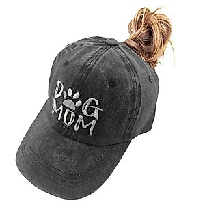 MANMESH HATT Dog Mom Ponytail Baseball Cap Messy Bun Vintage Washed Distressed Twill Plain Hat for Women (Black, One Size)