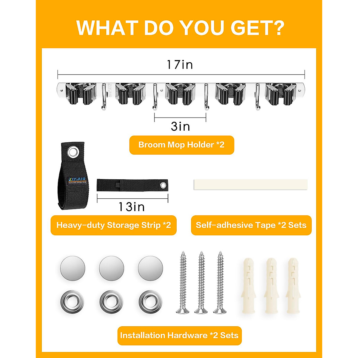 2 Pack Broom Holder Wall Mount with 13" Heavy-duty Storage Strap Bundle - 5 Racks and 4 Hooks Broom Hanger Wall Mount, Mop and Broom Holder Wall Mount, Self Adhesive, Heavy Duty, Stainless Steel