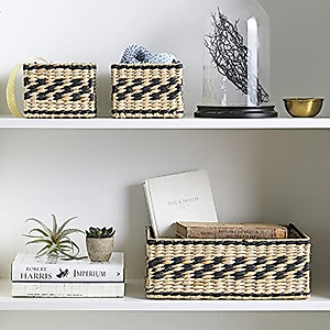 Water Hyacinth and Paper Handwoven Rectangle Basket (Assorted Set of 3, 1 Medium 13.8"x9.4"x5.1", 2 Small 7.5"x5.9"x4.5", Beige and Black)