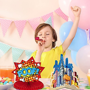 10 Pieces Hero Themed Party Decorations Honeycomb Centerpieces Action Sign Table Topper Sign Standing Cards for Birthday Party Baby Shower Decor Supplies