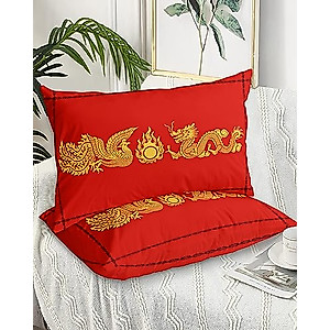 Edwiinsa Oriental Dragon Pillow Covers King Standard Set of 2 Bed Pillow, Plush Soft Comfort for Hair/Skin Cooling Pillowcases with Envelop Closure 20x36 Inches Traditional Chinese Happy New Year Red