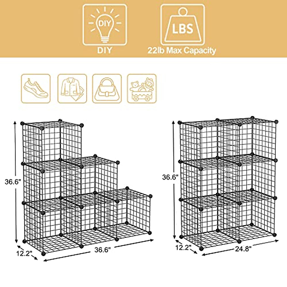 BASTUO Wire Cube Storage Cabinet, 6 Cubes DIY Metal Organizer, Stackable Bookcase Shelf Modular Cube Organizer Rack, Wardrobe Closet for Livingroom, Bedroom, Office, Black