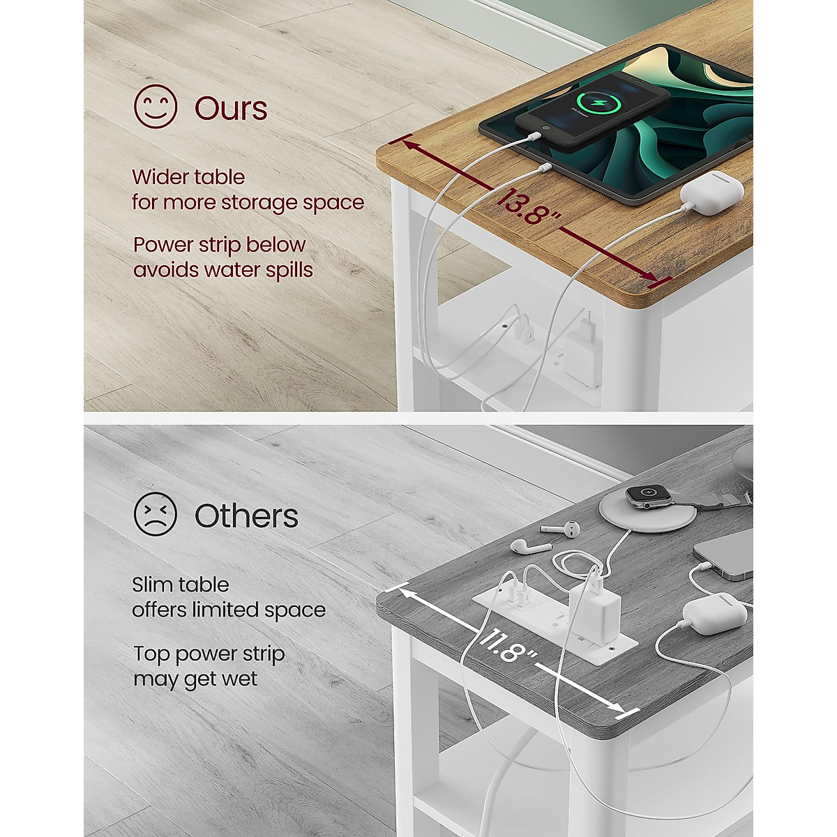 VASAGLE Side Table with Charging Station, Narrow Nightstand with 2 Drawers, Living Room End Table with Storage, for Small Spaces, Coastal Style, Rustic Walnut and Classic White ULET322T14