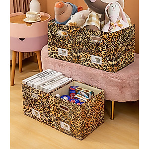 BeigeSwan Foldable Animal Leopard [Set of 4] Cube Storage Bins, Collapsible Fabric Organizer Container Boxes w/ Handles – 11 x 11 x 11 Inches