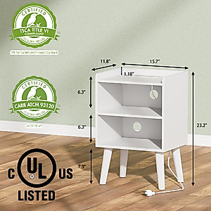 LAKEMID Night Stand with Charger Station, Bedside Table with LED Lights, Side Table with Fast USB-C Port, Nightstand with Solid Wood Feet, Small End Table for Bedroom, Living Room, White