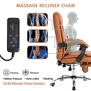 BOWTHY Executive Massage Office Chair with Heated,45°Reclining Ergonomic Chairs with Footrest,High Back Computer Desk Chairs with Wheels,Diamond-Stitched Cushion Brown Leather Office Chair