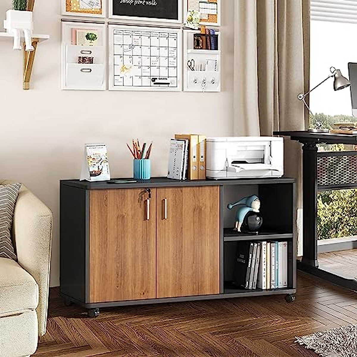 File cabinets for Home Office,Wood File Cabinet with Lock Wheels,Printer Stand with Open Storage,High Capacity File Organizer Multifunctional Mobile Filing Cabinet with Open Storage Shelf Black