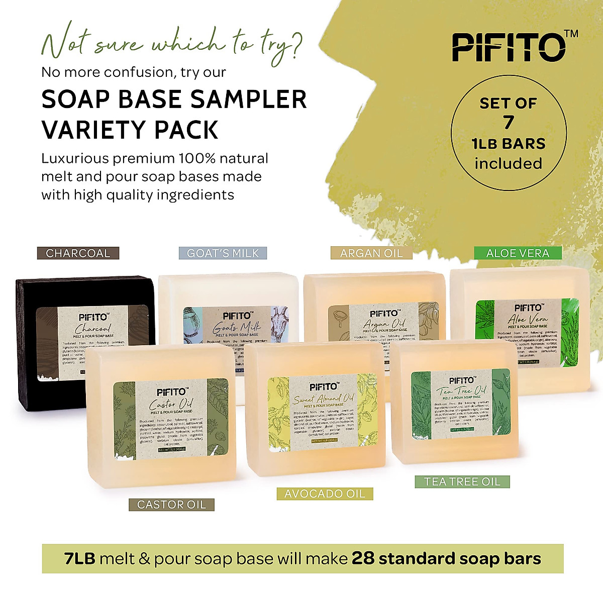 Pifito Melt and Pour Soap Base Sampler (7 lbs) │ Assortment of 7 Bases (1lb ea) │ Argan Oil, Avocado Oil, Castor Oil, Charcoal, Tea Tree Oil, Goats Milk, Aloe Vera │ Glycerin Soap Making Supplies