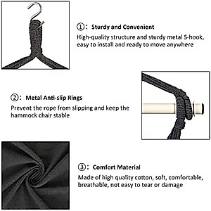 Y- STOP Hammock Chair Hanging Rope Swing, Max 500 Lbs, Hanging Chair with Pocket, Removable Steel Spreader Bar with Anti-Slip Rings, Quality Cotton Weave for Comfort, Durability, Dark Grey