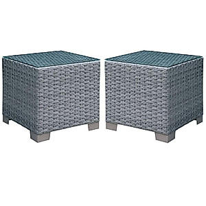 Home Square Condor Rattan Glass Top Patio End Table in Gray - Set of 2