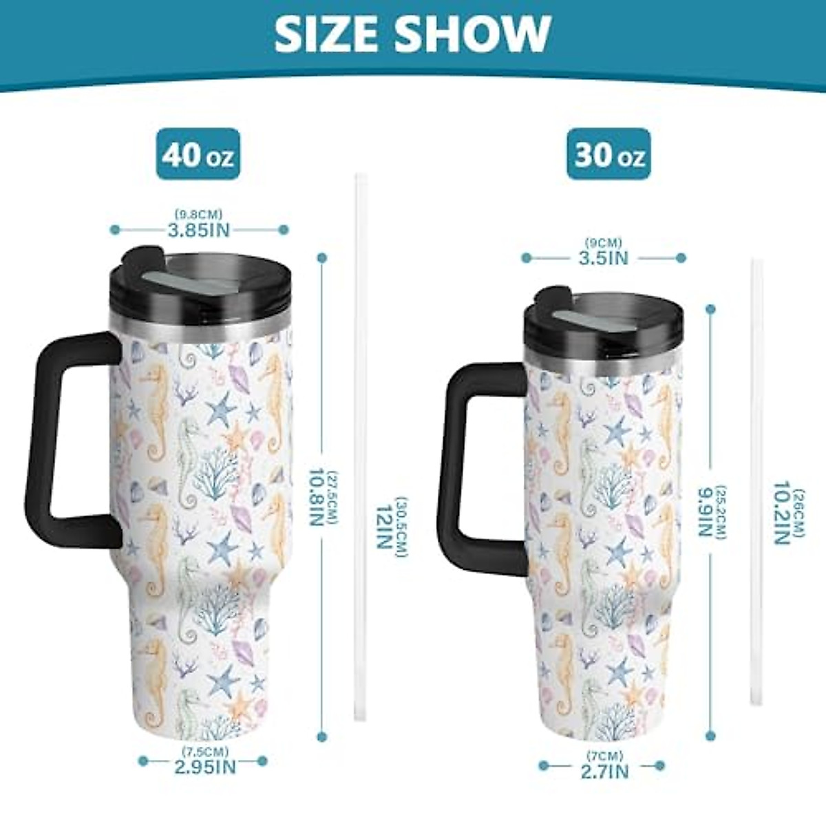 SDMKA 30oz Stainless Steel Tumbler with Straw and Handle, Vacuum Insulated Double-Walled Travel Mug, BPA-Free Leakproof Cup for Hot/Cold Beverages, Watercolor Seahorses