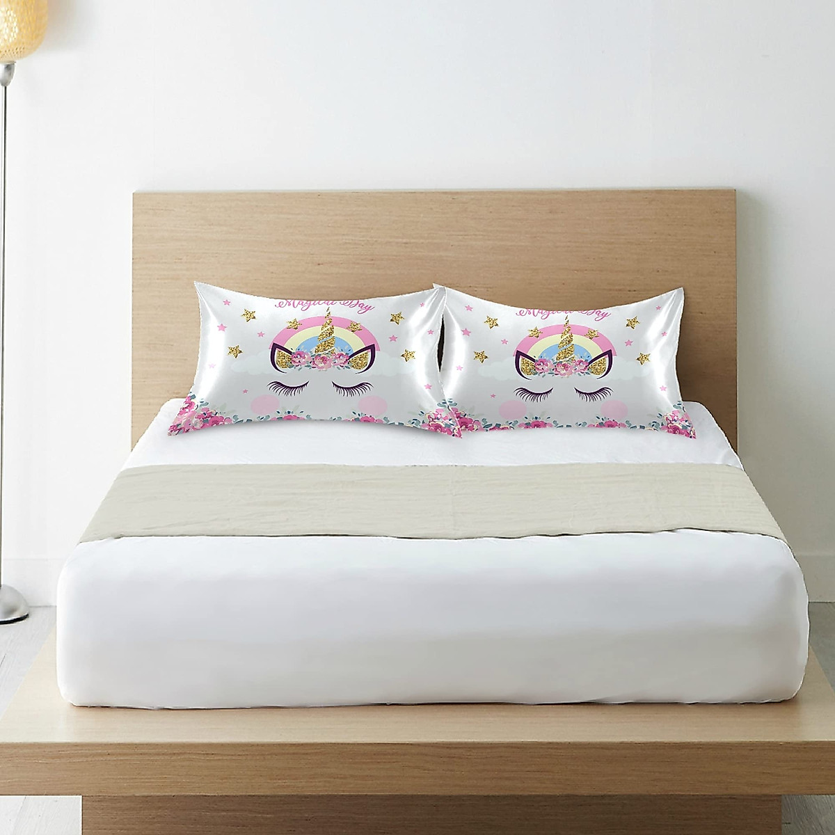 Dalzium Cute Unicorn Girl Print Satin Pillowcase for Hair and Skin, Unicorn and Pink Flowers Silk Pillow Case with Envelope Closure, Standard Size 20x26 inches, White, 1 PC