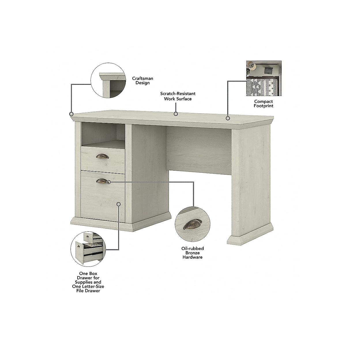 Bush Furniture Yorktown Home Office Desk with 5 Shelf Bookcase, 50W, White Oak