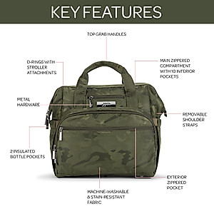 JuJuBe Diaper Bag, Travel Backpack, Large Tote with Portable Changing Pad, Stroller Hooks & Pockets for Baby Bottles, Diapers, Pacifier, Snacks, and Daily Essentials, Dr. BFF - Camo Green