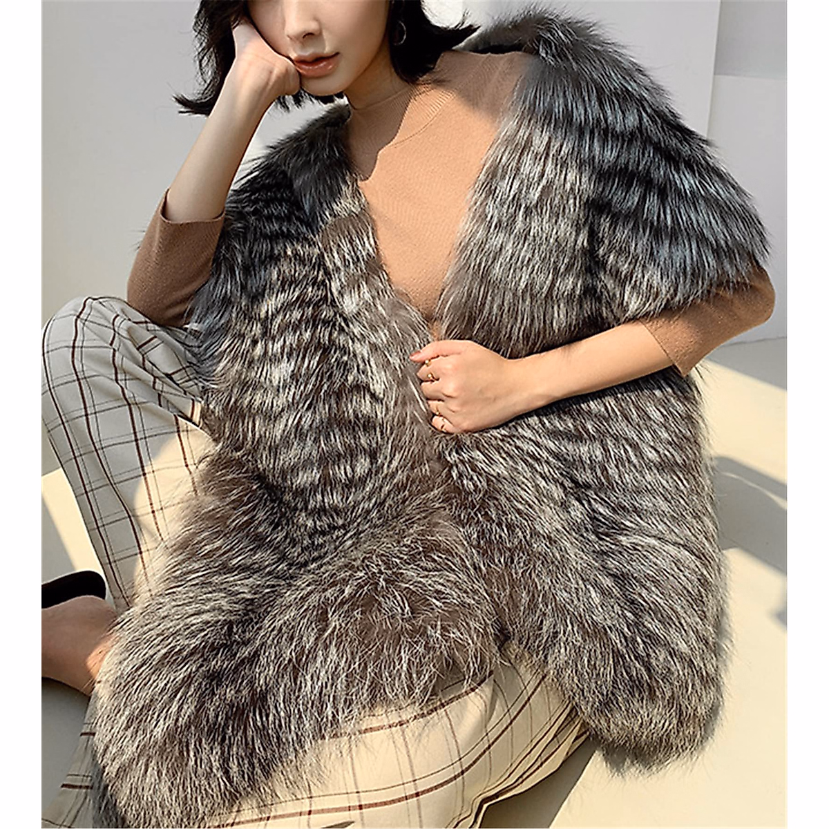 LO-01 Big Fluffy Fur Shawl Scarf With Real Silver Fox Qualitied Fur For Women Autumn Winter Spring Skiing Warm Wear Furry Collar Fuzzy Big Wrap Scarf (One Size, Silver Fox)