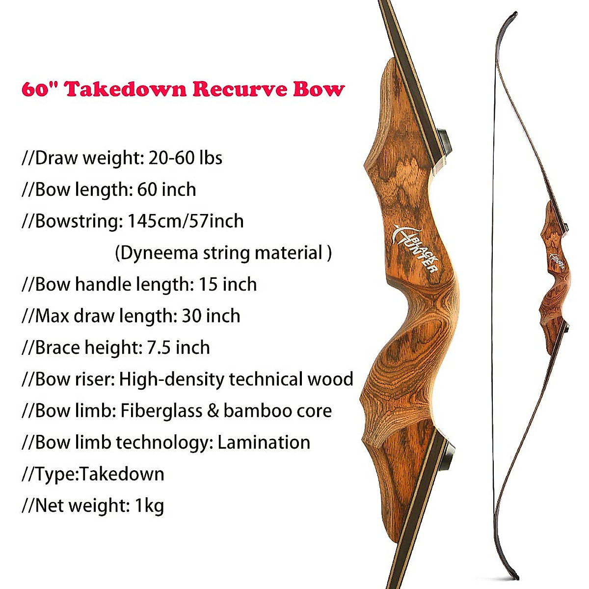 ZSHJGJR 60” Black Hunter Original Recurve Bow for Adults American Hunting Longbow Archery Bow 20-60lbs Right Handed for Archery Hunting Shooting Practice (Orange, 50lbs)