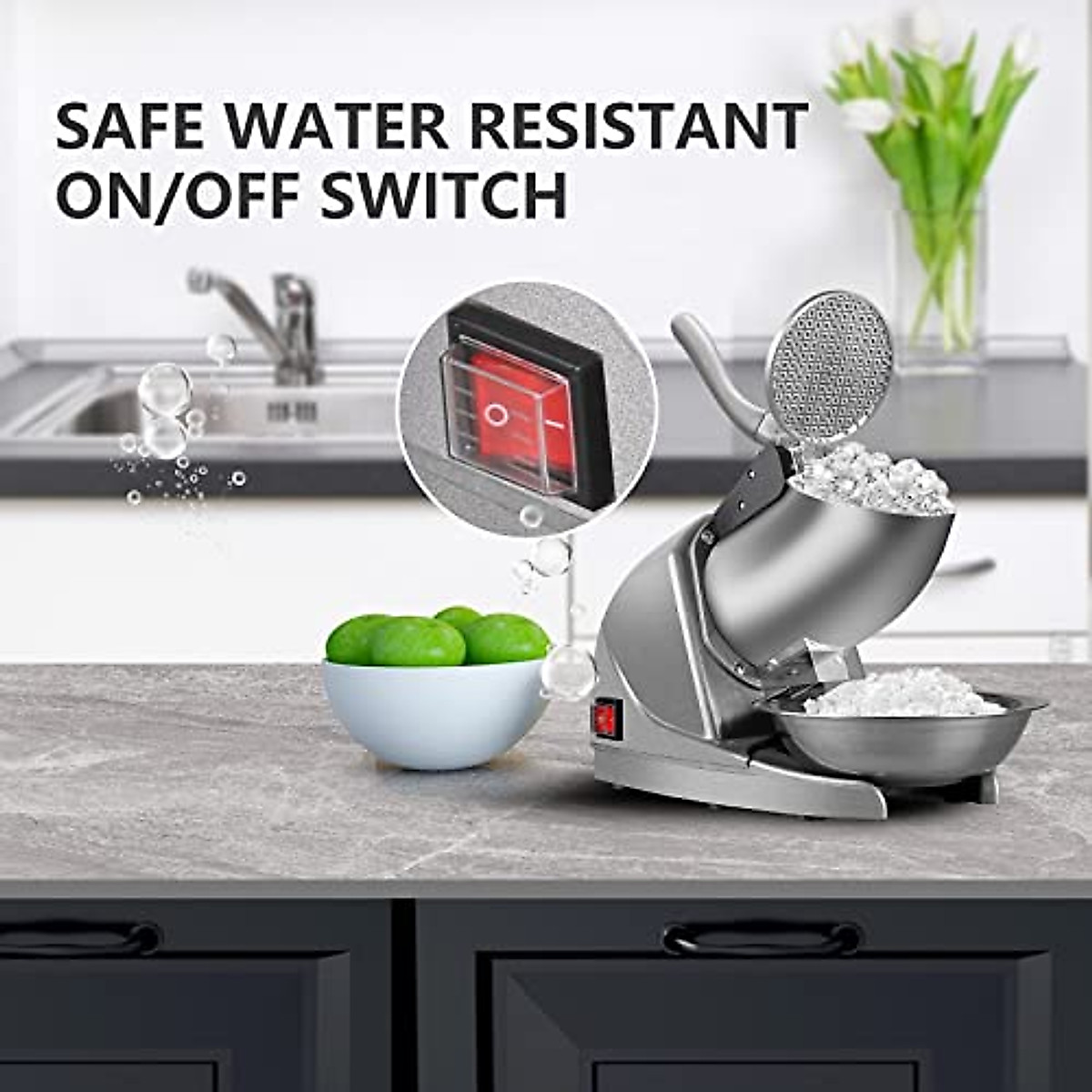 BI-DTOOL Electric Ice Crusher Triple Blades Ice Crusher Shaver 286lbs/hr Stainless Steel Shaved Ice Machine 380W Snow Cone Machine 1500 RPM Ice Shaving Machine Commercial And Domestic Silver