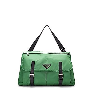 Prada, Pre-Loved Green Tessuto Double Buckle Messenger Large, Green