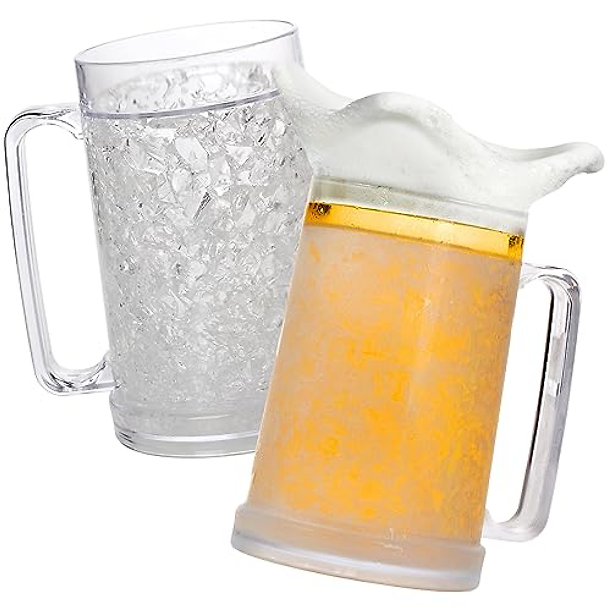 Fasmov Freezer Beer Mugs, 4 Pack Clear Double Wall Gel Frosty Freezer Ice Mugs, Freezer Mugs With Gel Beer Mugs For Freezer, Plastic Beer Mugs With Handles for Parties and Gifts, 16oz