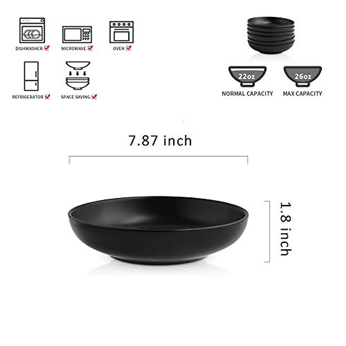 Selamica Ceramic 7.8 inch pasta bowls, 26 Ounce large serving porcelain salad soup bowls, dishwasher microwave safe, set of 6 (Black)