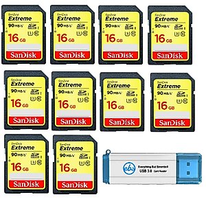 SanDisk Extreme 16 GB SD Card (10 Pack) Speed Class 10 UHS-1 U3 C10 4K HD16G SDHC Memory Cards for Compatible Digital Camera, Computer, Trail Cameras