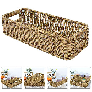 BESTonZON Plastic Woven Storage Basket Rattan Kitchen Cutlery Holder Stand Silverware Basket Kitchen Utensil Drawer Organizer Farmhouse Serving Basket for Kitchen Office