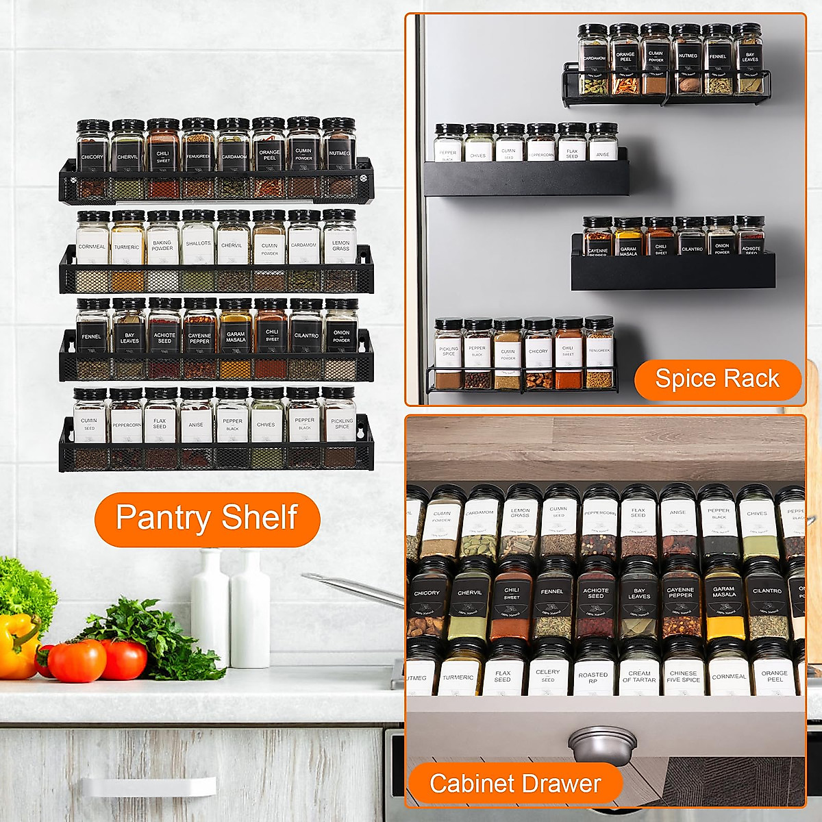 AuroTrends Empty Spice Jars with Labels 4oz 48Pack, 4 oz Seasoning Containers with Preprinted Spice Labels/Funnel/Marker for Pantry Organizers and Storage (4fl.oz, 48Pack)