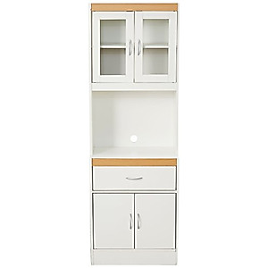Hodedah Long Standing Kitchen Cabinet with Top & Bottom Enclosed Cabinet Space, One Drawer, Large Open Space for Microwave, White