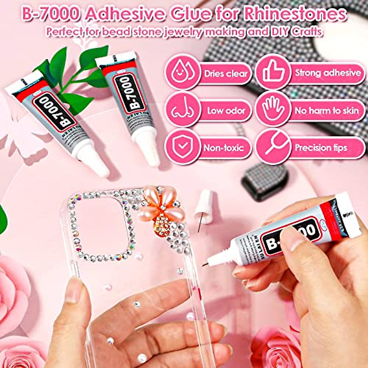 Audab B7000 Jewelry Adhesive Glue with Rhinestones for Crafts, 2100Pcs Flat Back Gems Crystal Rhinestones with Tweezer Dotting Tools Clear Glue for DIY Clothes Fabric Shoes Jewelry Making Nail Art