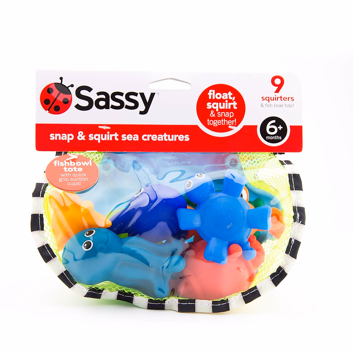 Sassy Snap and Squirt Sea Creatures - 6+ Months Set of 9 Sea Characters Includes Storage Bag with Two Large Suction Cups