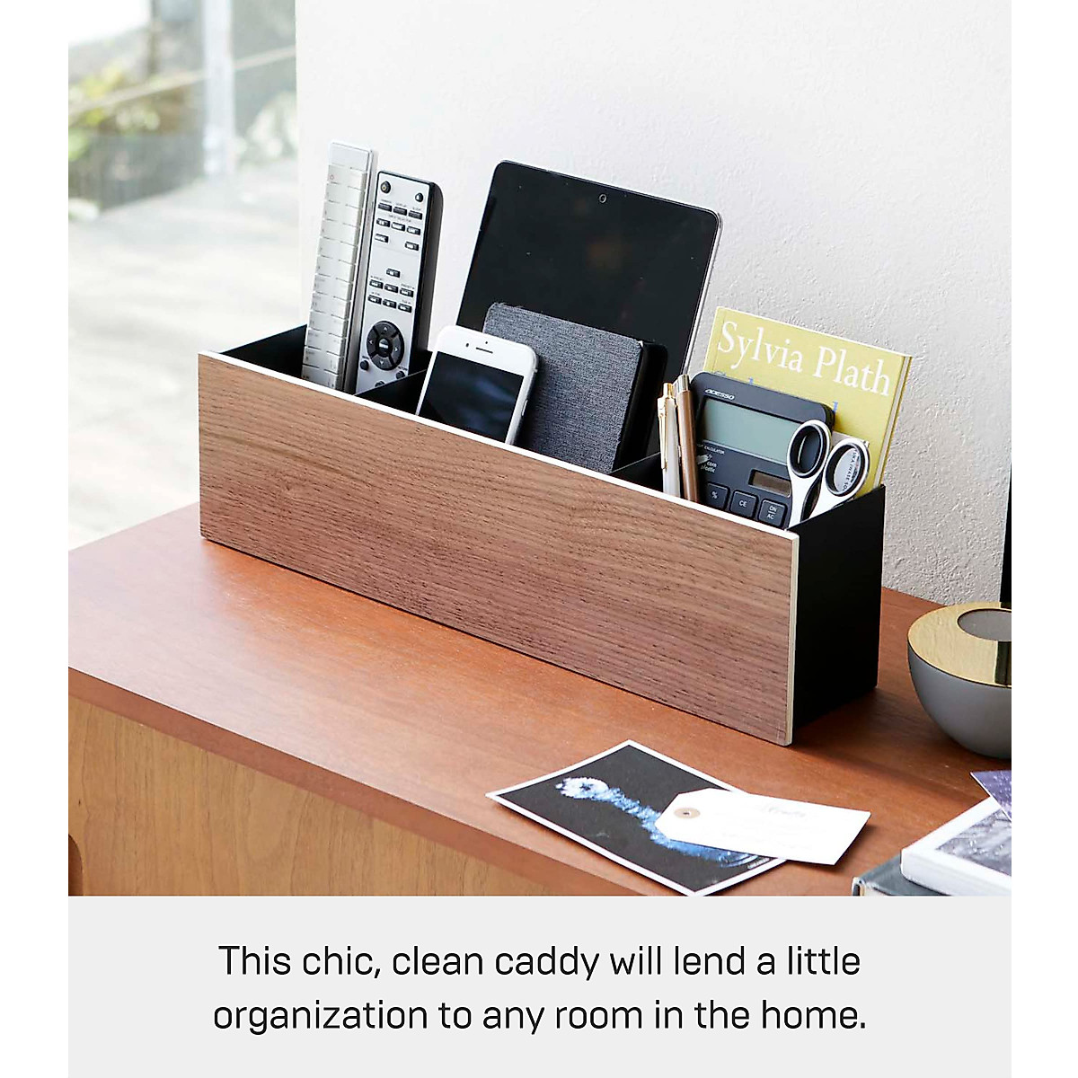 Yamazaki Home Rin Desk Organizer - Tv Remote Control And Pen Holder - Large - Steel + Wood