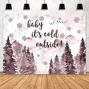 Aperturee Mountain Baby Shower Backdrop 7x5ft Baby It's Cold Outside Girl Party Decorations Banner Snow Forest Snowflake Photography Background Woodland Adventure Gender Neutral Party Supplies