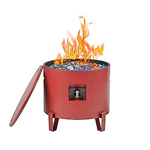 BAIDE HOME Portable Fire Pit for Camping RV 50,000 BTU Round 15'' H x 16'' W Propane Gas Fire Pit W/Lid, Glass Shards & Weather Resistant for Outdoors, 10ft Propane Extension Hose, Red