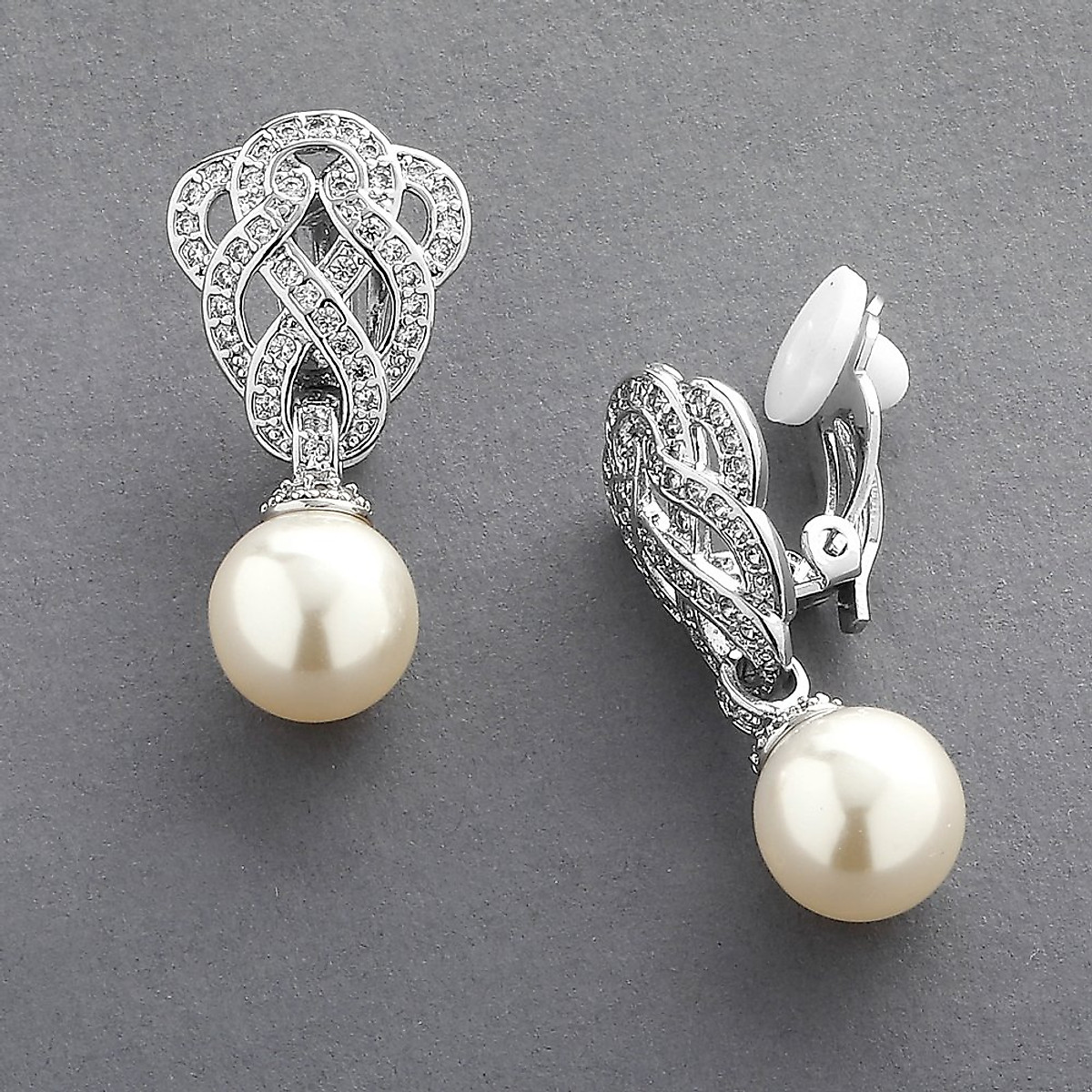 Mariell Vintage Art Deco Pearl Clip On Earrings for Wedding, Brides & Mother of Bride - CZ Pave Accent