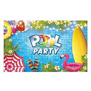 Allenjoy Swimming Pool Party Backdrop Summer Water Wave Ripple Tropical Palm Flower Lifebuoy Baby Shower Birthday Photography Background Banner Decoration Cake Table Photo Booth Props