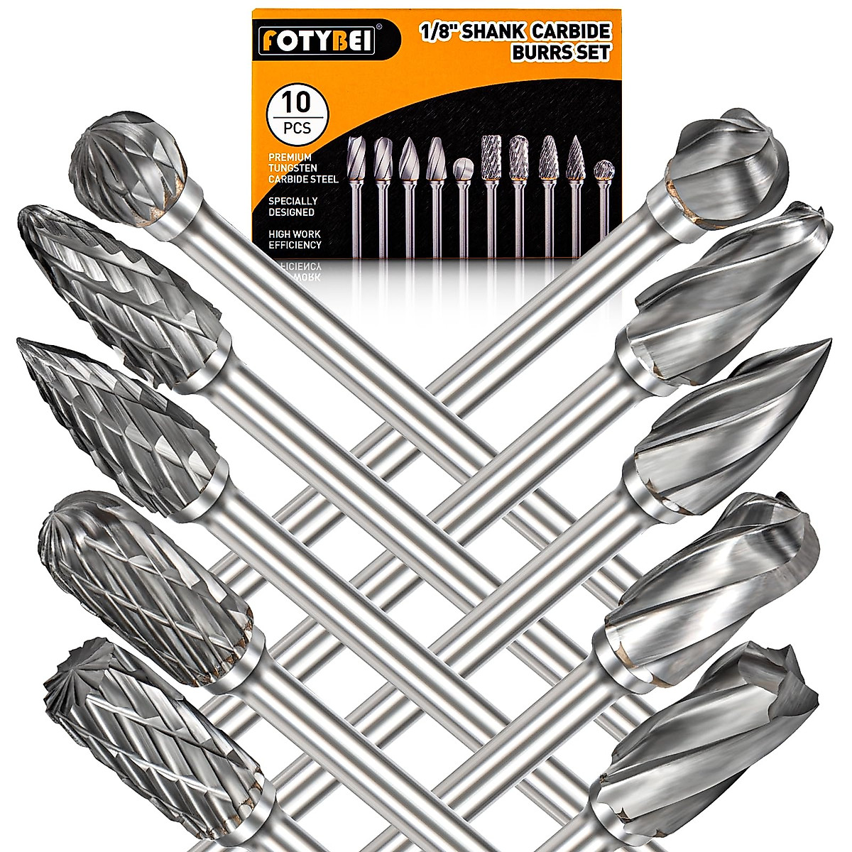 Carbide Burr Set Compatible with Dremel Rotary Tool 10Pcs Die Grinder Bits Rotary File Rasp with 1/8” Shank and 1/4” Grinding Head Accessories for DIY, Woodworking, Metal Carving, Drilling, Polishing