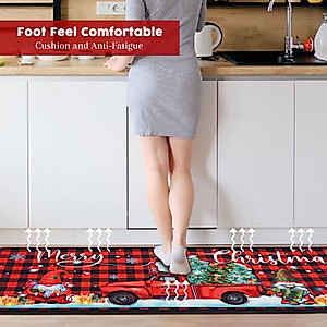 Christmas Kitchen Mats, Merry Christmas Kitchen Rugs Set of 2 - Red Black Buffalo Plaid Christmas Kitchen Decor - Gnome Truck Xmas Decorations for Floor,Bathroom,Living Room,Doorway 17"x30"+17"x47"