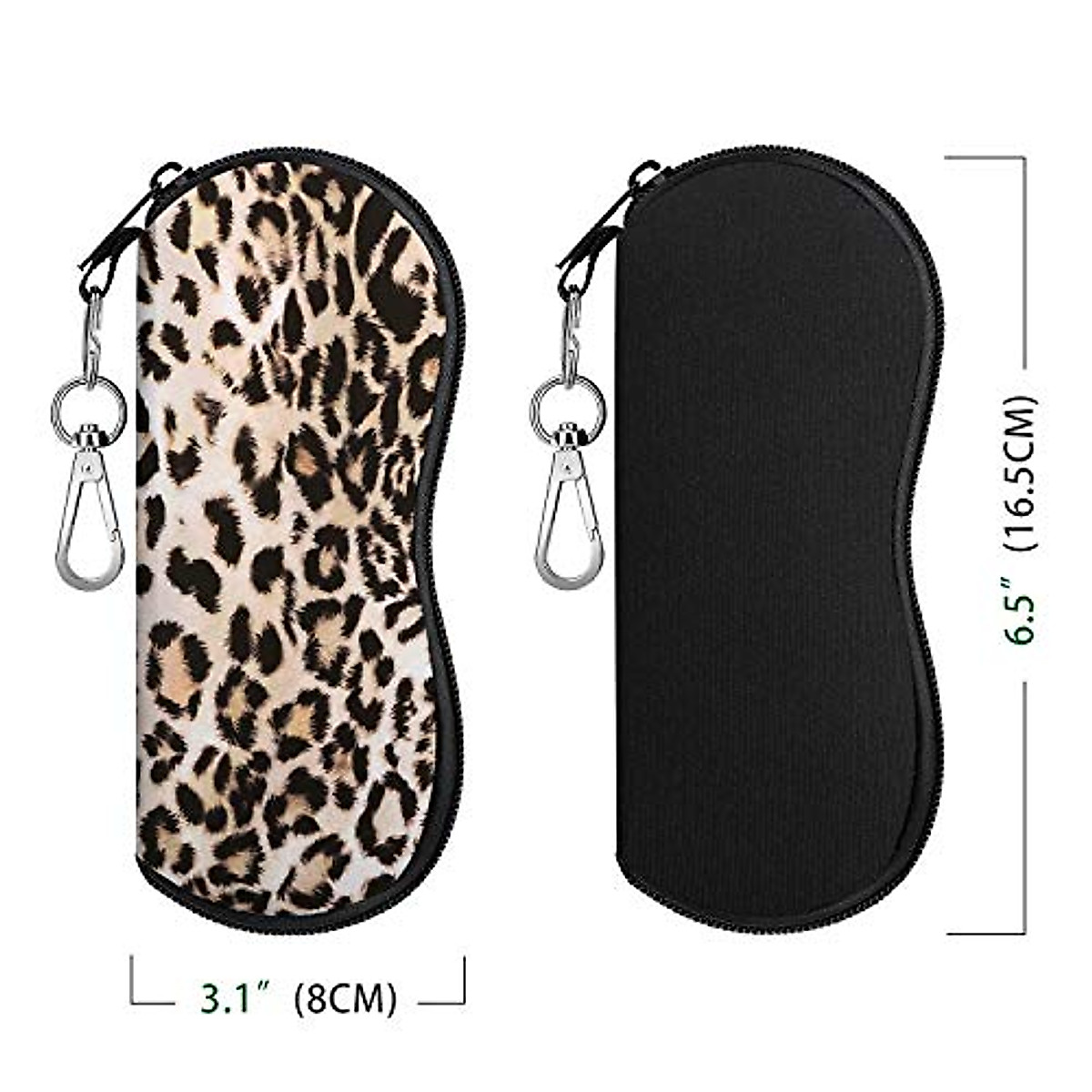 MoKo Eyeglasses Case, (2 Pack) Soft Zippered Neoprene Sunglasses Pouch Protective Eyewear Case Bag with Clip for Men and Women, Black and Leopard