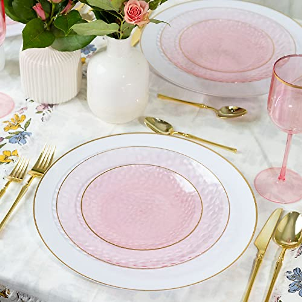 PARTY BARGAINS 7" & 10" Organic Collection Hammered Salad and Dinner Plates Combo with Gold Rim – Transparent Pink, 32-Pack Disposable Plastic Tableware for Birthdays, Banquets, and Formal Events