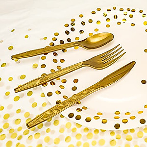 176 Pieces Gold Disposable Party Dinnerware Set &Golden Dot Disposable Party Dinnerware - Black Paper Plates Napkins Cups, Gold Plastic Forks Knives Spoons