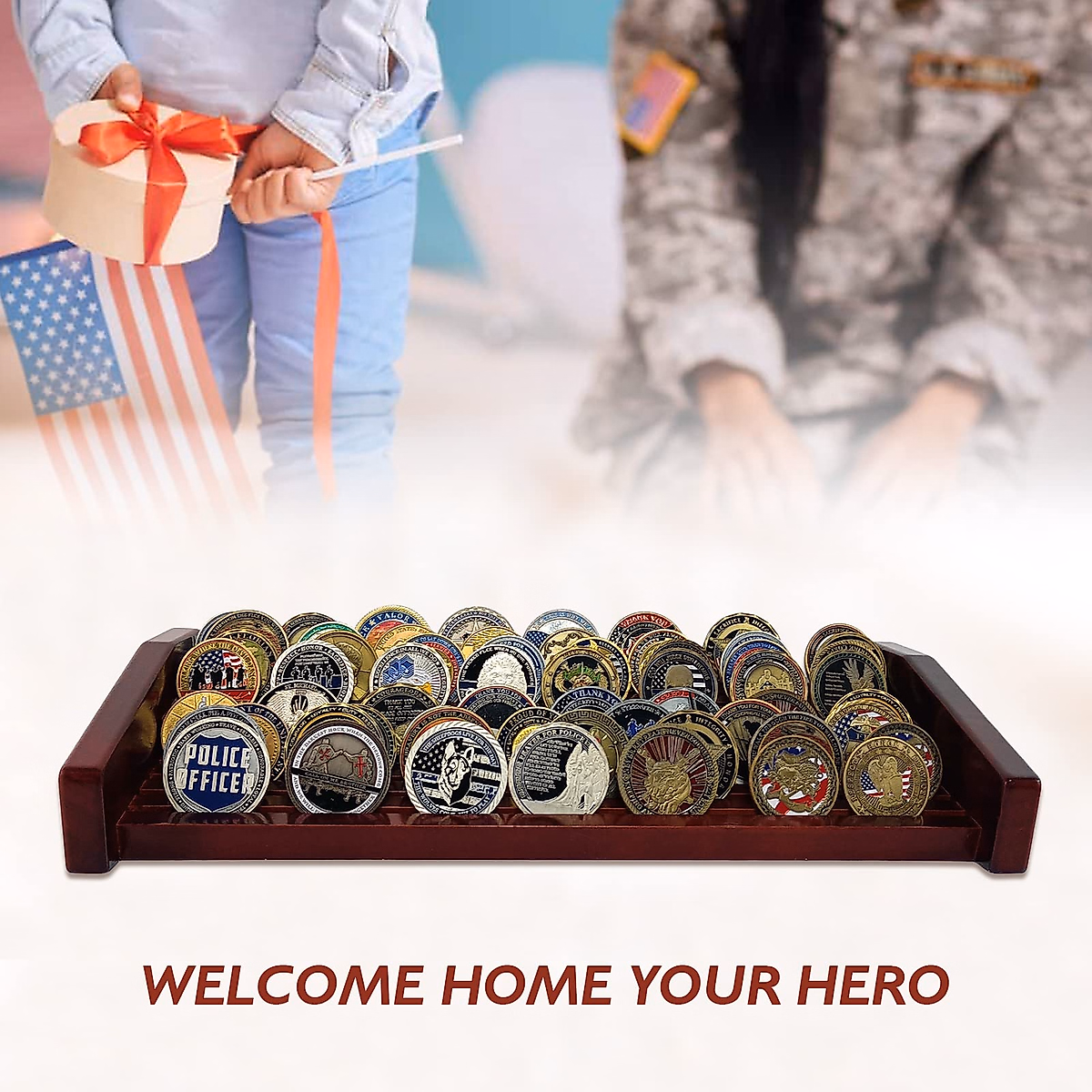 ASmileIndeep 8 Rows Military Challenge Coin Display Stand - Holds 60-70 Coins, Solid Wood Army Police Coin Rack Display Holder for Desktop, Mahogany