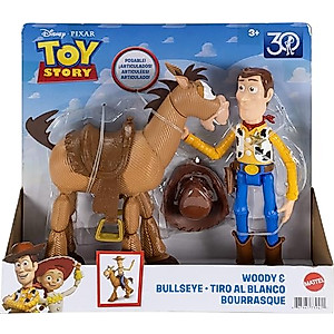 Mattel Disney Pixar Toy Story 4 Movie Set of 2 Action Figures, Collectible Pack Includes with Woody with Removable Hat & Rideable Bullseye