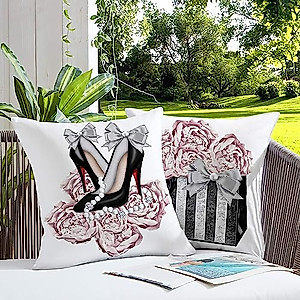 FCOZM Pink Gray Throw Pillow Covers Couch Bed Decorative Pillow Covers Fashion Handbag High Heels Flower Sofa Pillow Covers 18x18 Women Teen Girls Room Decor Soft Velvet Square Pillow Cases Set of 2