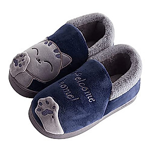 Lykmera Kids Children's Boys Girls Winter Slippers Cartoon Cat Non-Slip Shoes Indoor Home Warm Cotton Slipper Shoes (Dark Blue, 5-5.5 Years Little Kids)